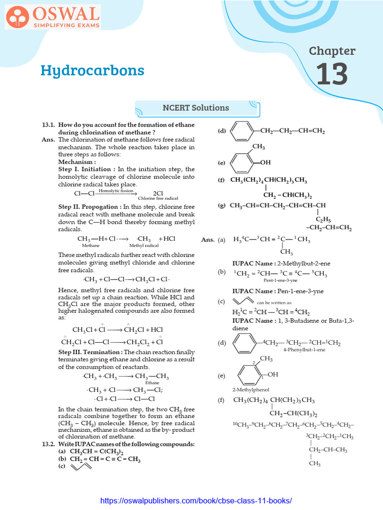 NCERT Solutions For Class 11 Chemistry Chapter 13 Hydrocarbons | PDF ...