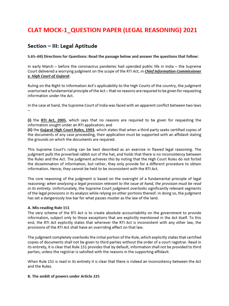 2021 - Proctored CLAT Mock 1-20 - Legal Reasoning - Questions & Answer | PDF | Habeas Corpus ...