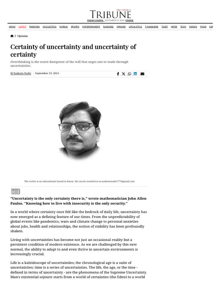 Certainty of Uncertainty and Uncertainty of Certainty | PDF | You Tube