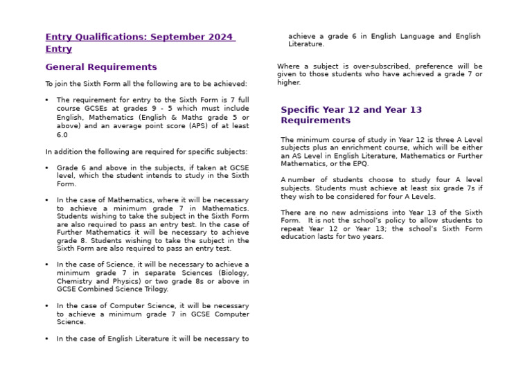 Sixth Form Entry Requirements 2024 | PDF | Gce Advanced Level (United ...