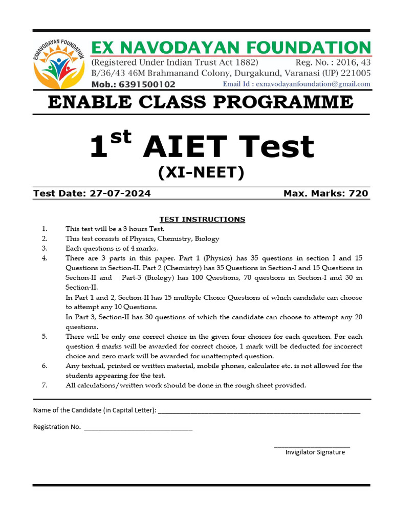 1 AIET Test: Enable Class Programme | PDF | Electron | Atomic Orbital