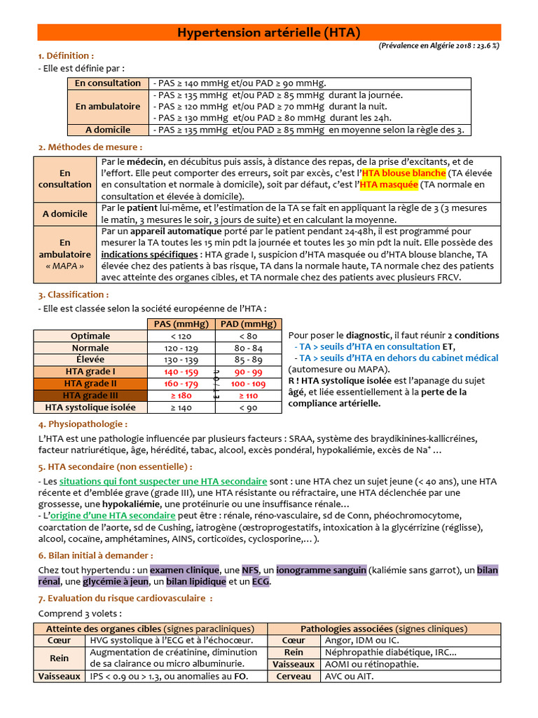 Hypertension Artérielle (HTA) : 1. Définition | PDF | Hypertension ...