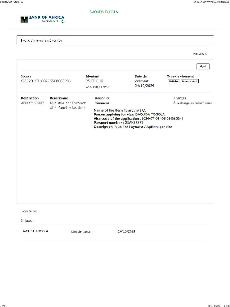 Visa Payment Receipt - Daouda Togola | PDF
