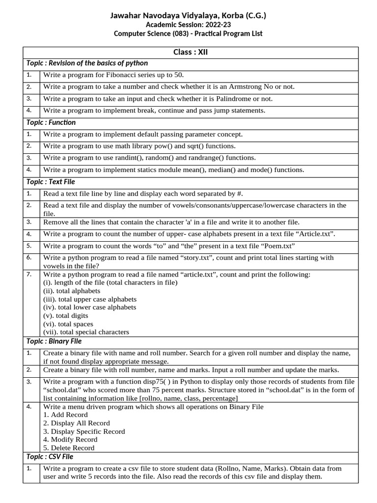 Assignment-Practical List XII 2022-23 | PDF | Sql | Computer File