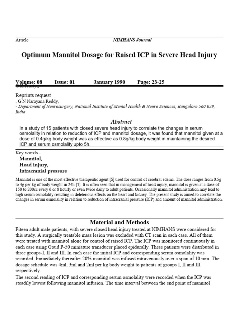 Optimum Mannitol Dosage For Raised ICP in Severe Head Injury - 23 25 1 | PDF | Dose ...