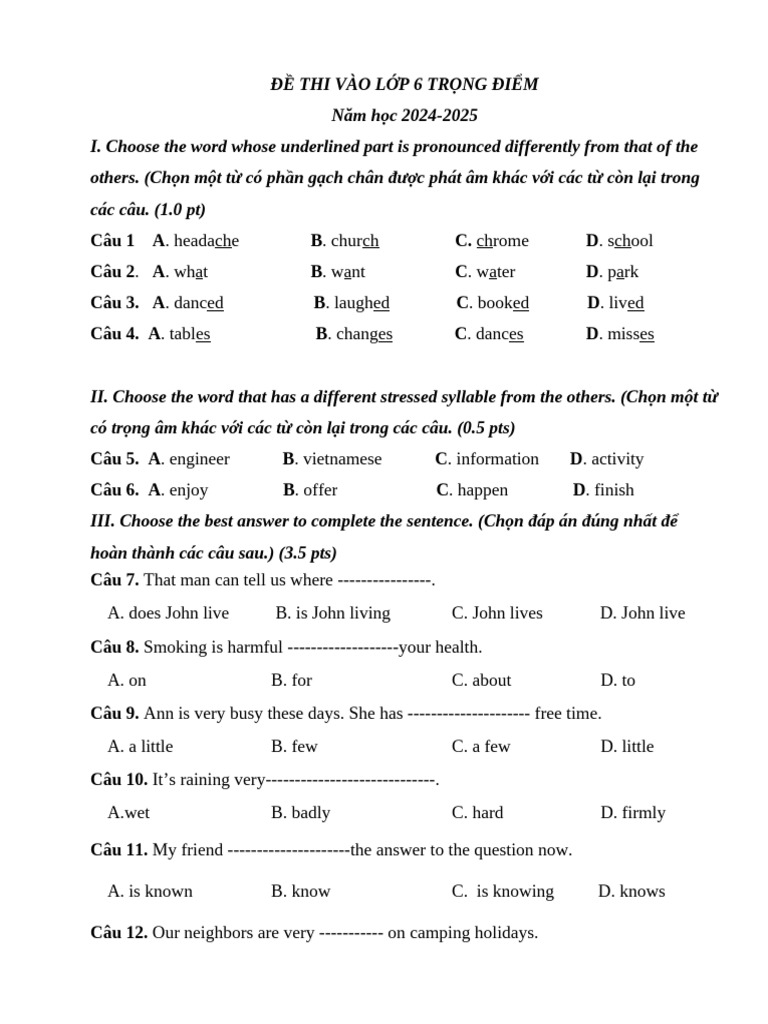 de thi lop 6 trong diem 2024-2025_C Oanh | PDF