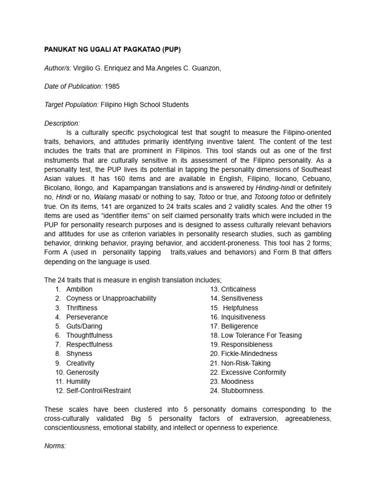 PANUKAT NG UGALI AT PAGKATAO (PUP) Written Report | PDF | Validity ...