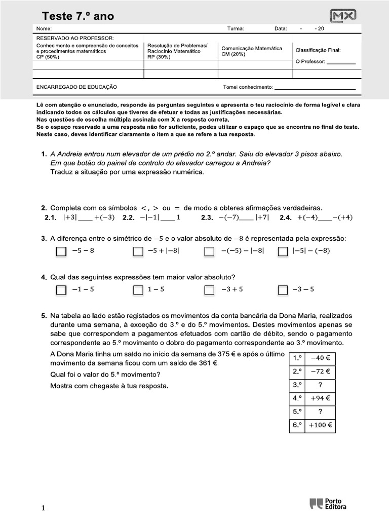 Ficha de Avaliação Intercalar - Mat 7º Ano | PDF