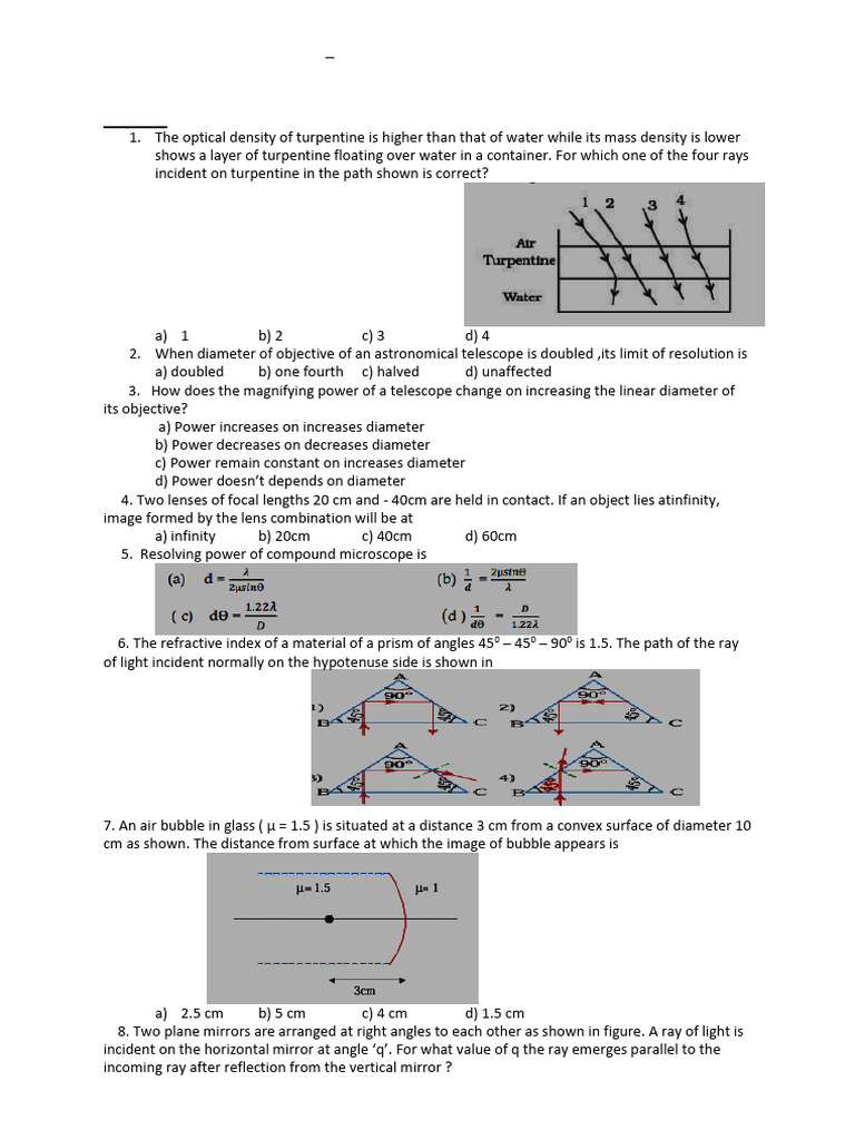 Grade 12 Physics Ray Optics Worksheet | PDF | Optics | Refractive Index