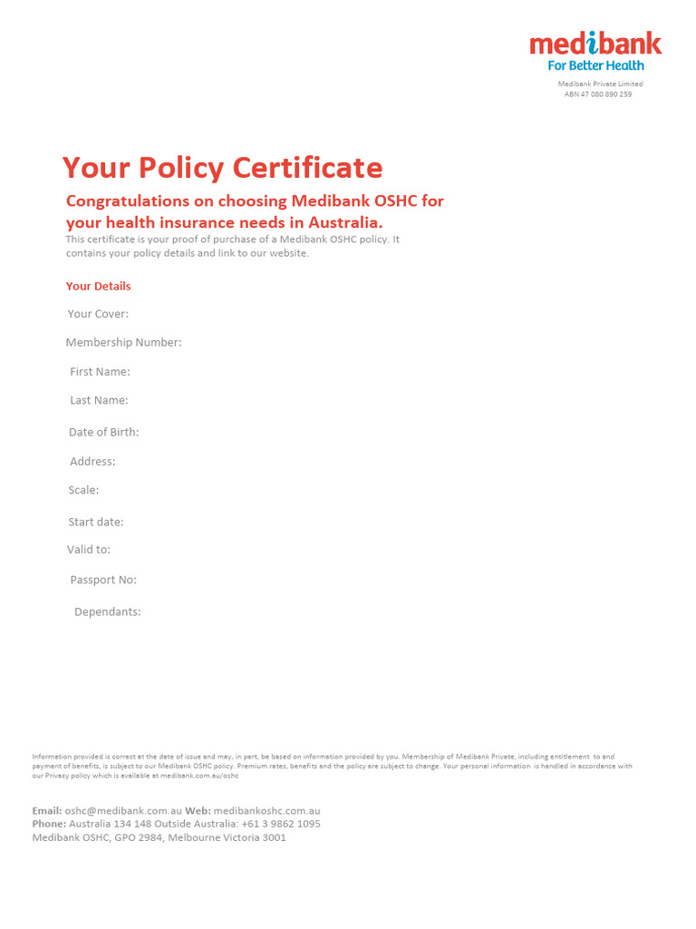 Medibank OSHC Policy Certificate | PDF