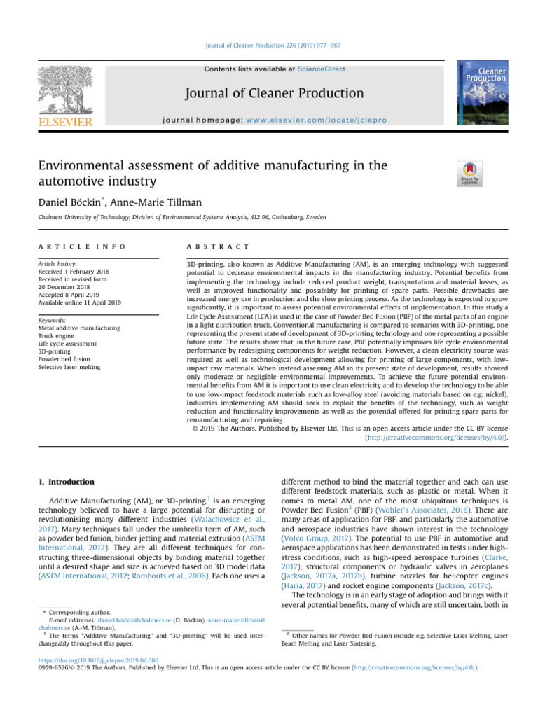 Environmental assessment of additive manufacturing in the | PDF | Life ...