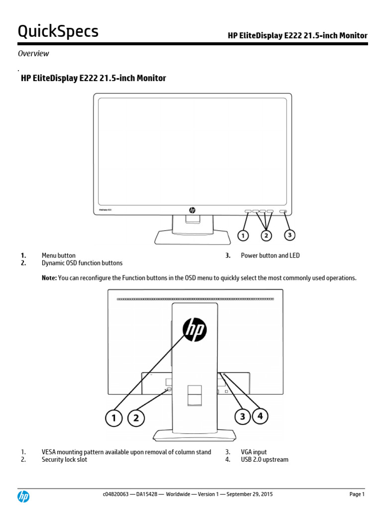 Quickspecs: HP Elitedisplay E222 21.5-Inch Monitor | PDF | Computer ...