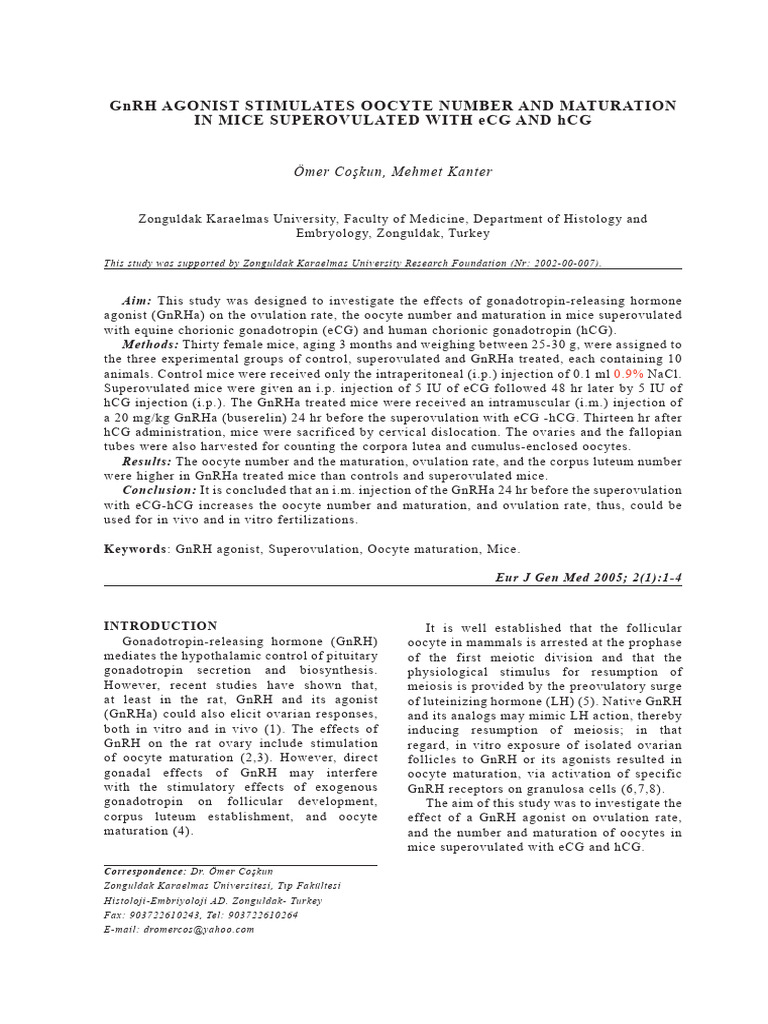 GNRH Agonist Stimulate Oocyte Number and Maturation in Mice ...