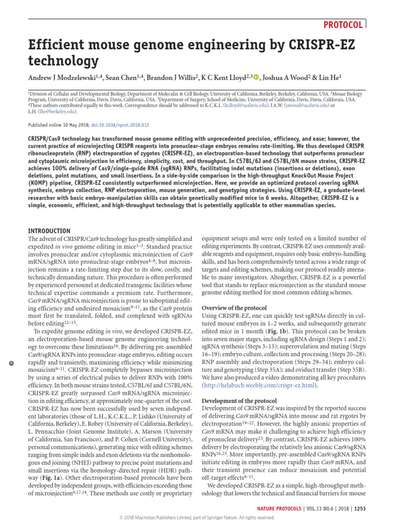 Efficient Mouse Genome Engineering by CRISPR-EZ Technology | PDF | Mouse | Crispr