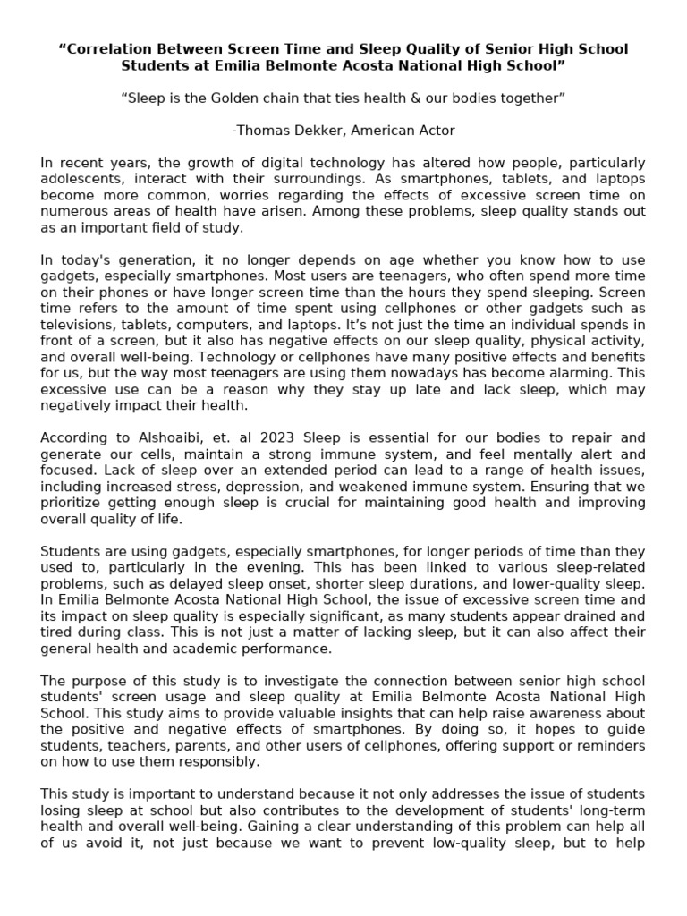 Correlation Between Screen Time and Sleep Quality of Senior High School ...