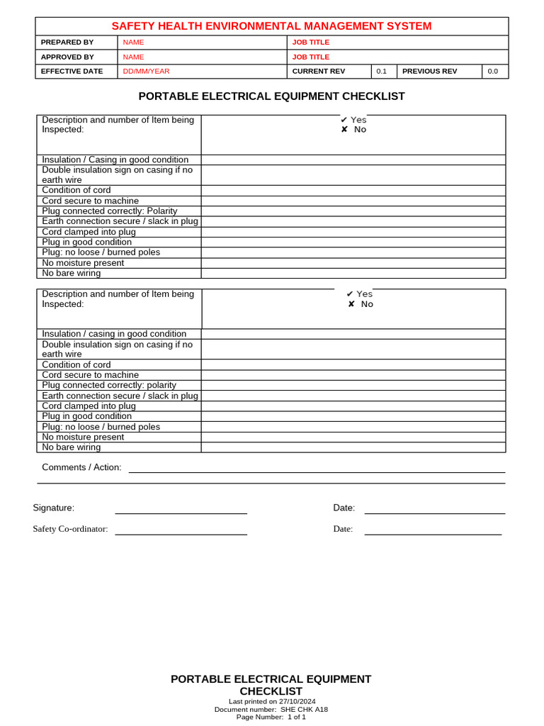 Portable Electrical Equipment Checklist | PDF