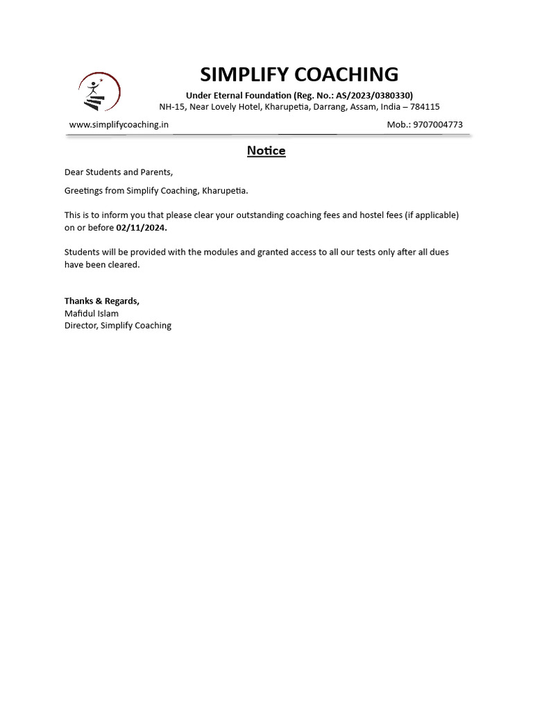 Simplify Coaching Fee Notice | PDF