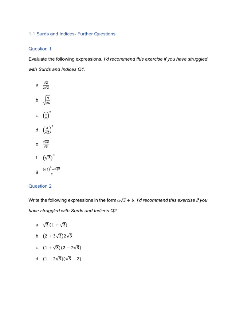 1.1 Surds and Indices - Further Questions | PDF