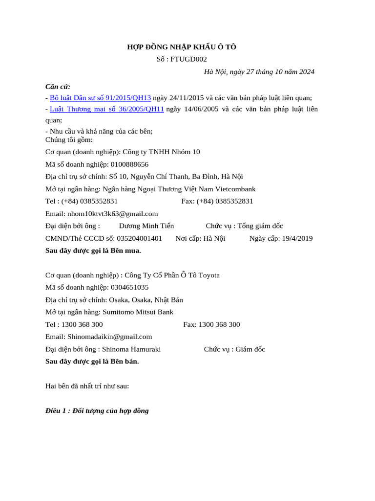 Hop Dong Nhap Khau Oto | PDF
