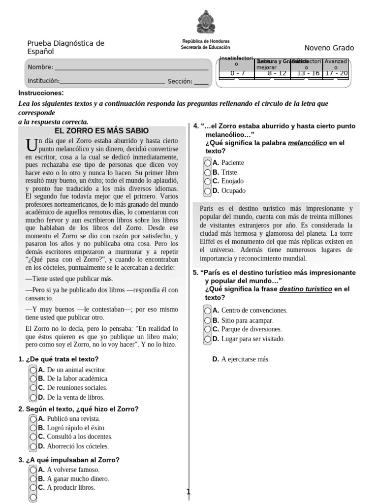 Prueba Diagnóstica 9º Español (2011) | PDF