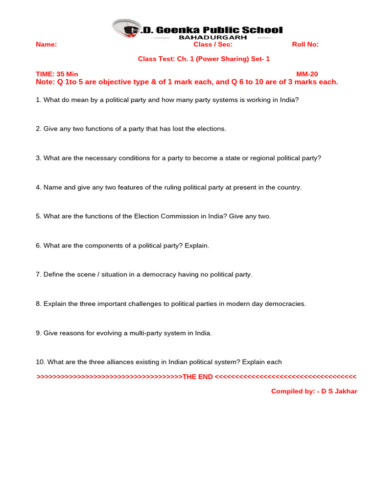 Class Test on Political Parties in India | PDF