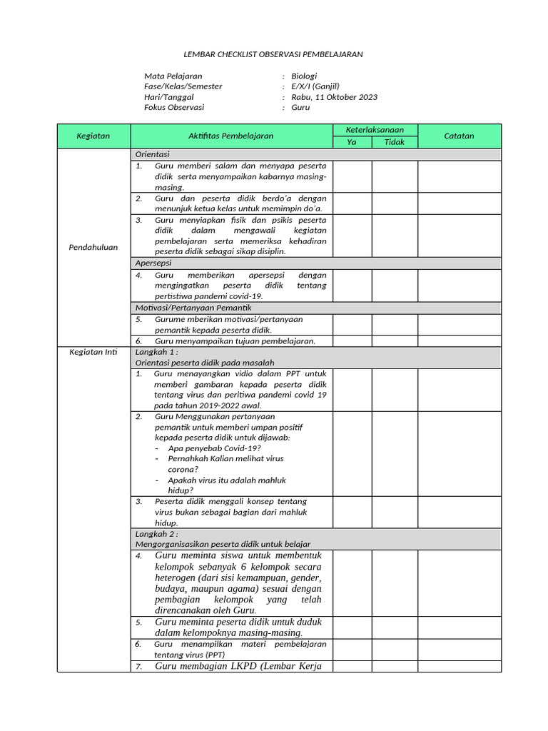 Checklist Observasi Pembelajaran Biologi | PDF | Karier & Perkembangan