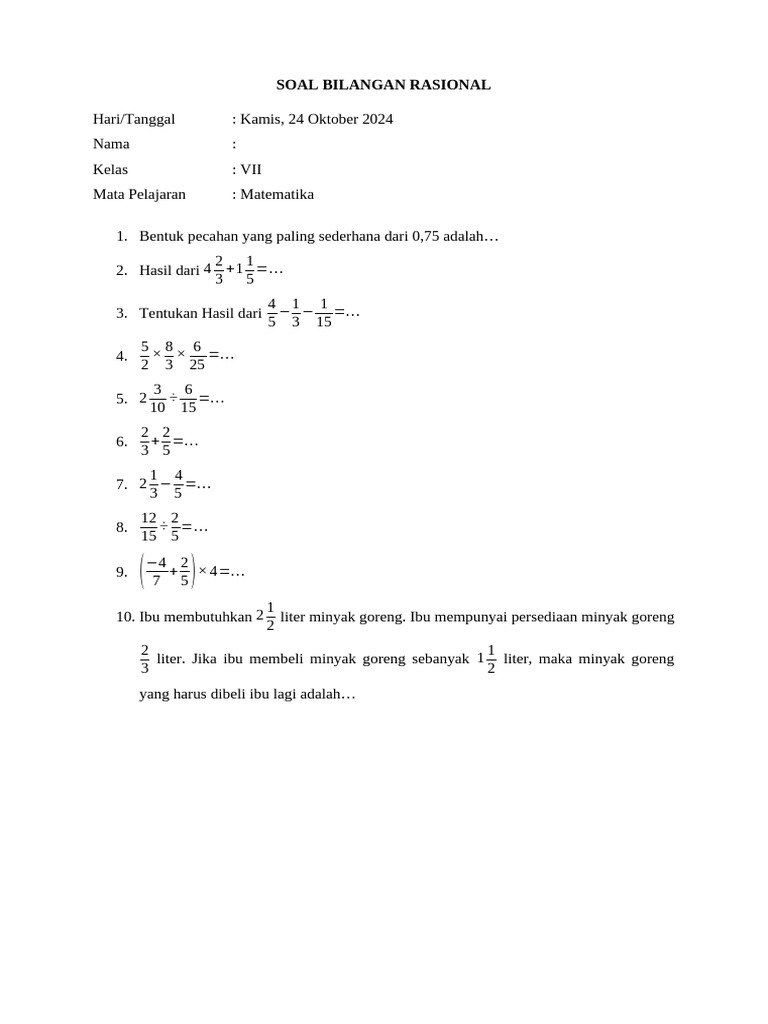 SOAL Bilangan Rasional KELAS 7 | PDF