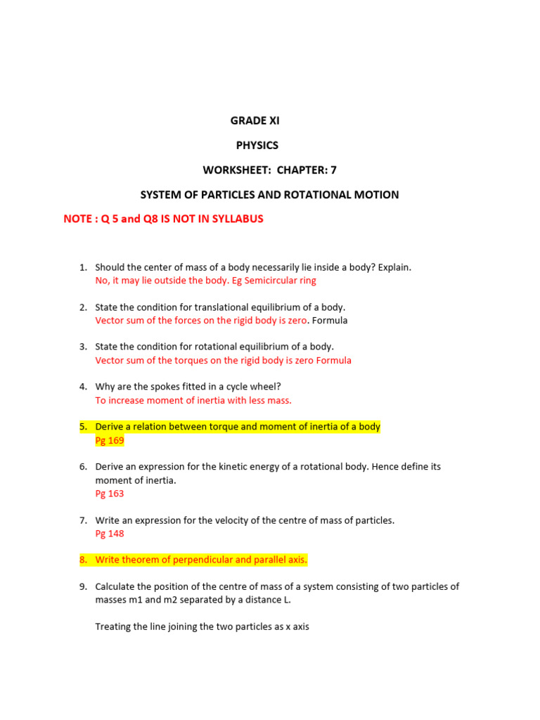 Grade XI Physics: Rotational Motion Worksheet | PDF | Torque | Applied ...