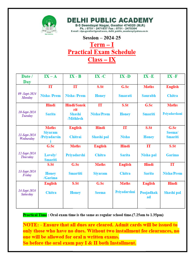 2024-25 Term 1 Practical Exam Schedule | PDF | Science