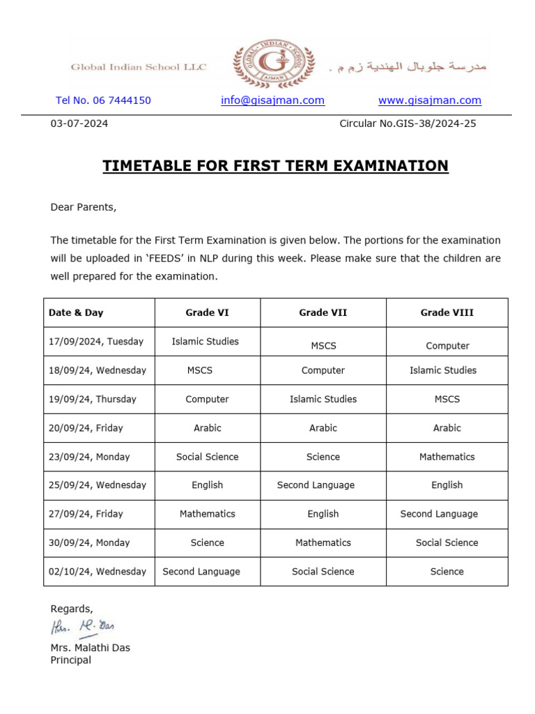 Cir No 38 - Timetable For First Term Examination (G6 To G8) | PDF