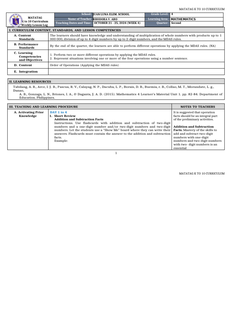 DLL Matatag - Math 4 Q2 W4 | PDF | Curriculum | Multiplication
