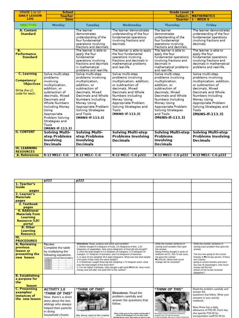 DLL_Q1_MATH_W6 | PDF | Multiplication | Decimal