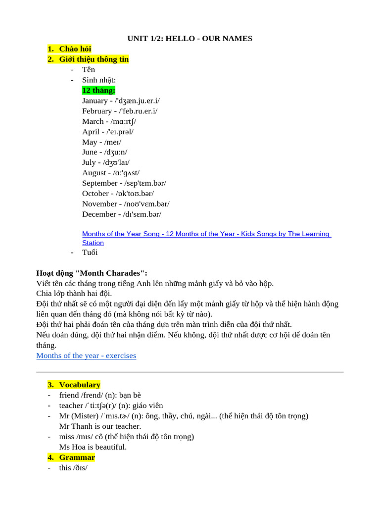 Unit 1+2+3 - HELLO + OUR NAMES + OUR FRIENDS | PDF