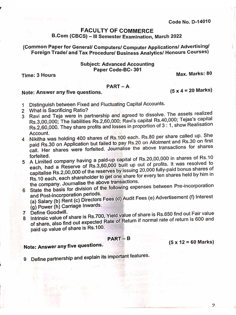Advance Accounting 2022 Practice Question Paper | PDF