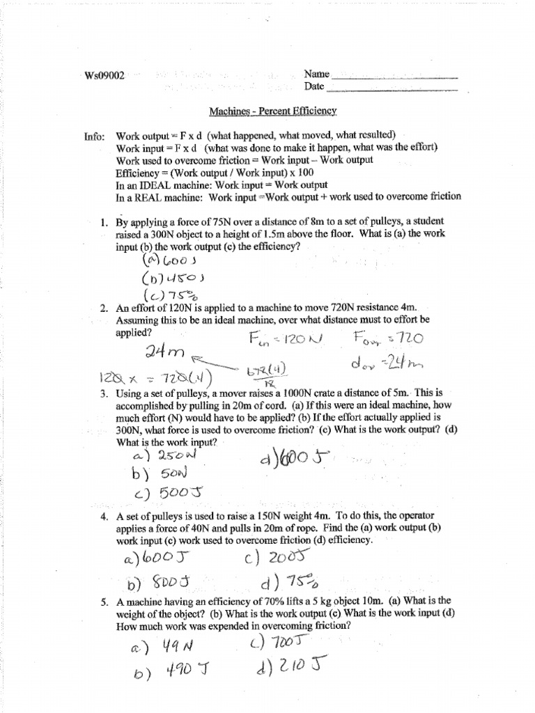 Work Power Machines Worksheet Answers 2012 | PDF