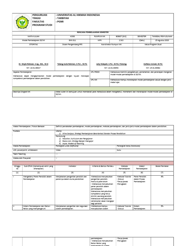 RPS Model Strategi Pembelajaran Mi SD | PDF