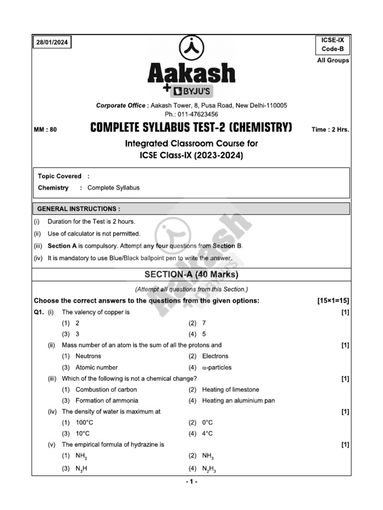 ICSE CST-2B - All Groups (C-09) - Chemistry (28!01!2024) | PDF