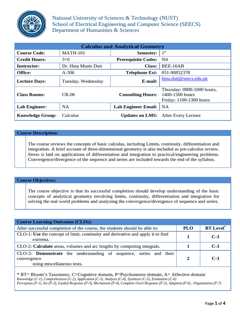 Course Outline-Calculus and Analytical Geometry (MATH-101) - EESE | PDF ...