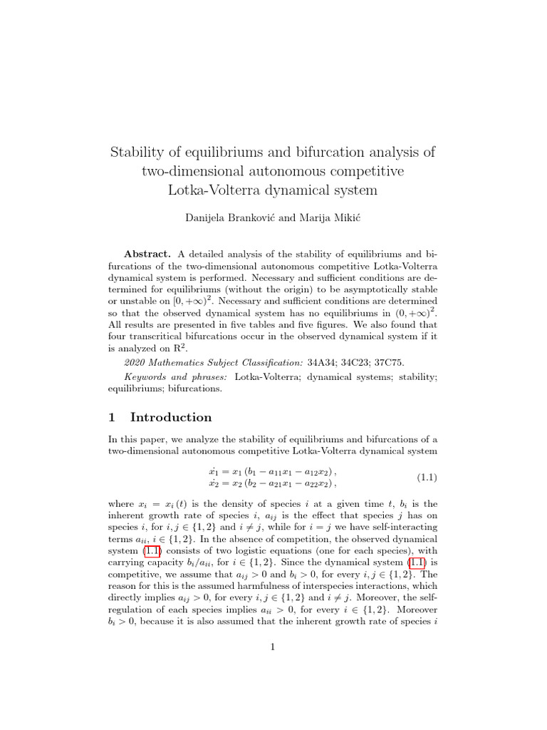 Lotka-Volterra Stability and Bifurcation Analysis | PDF | Stability Theory | Differential Equations