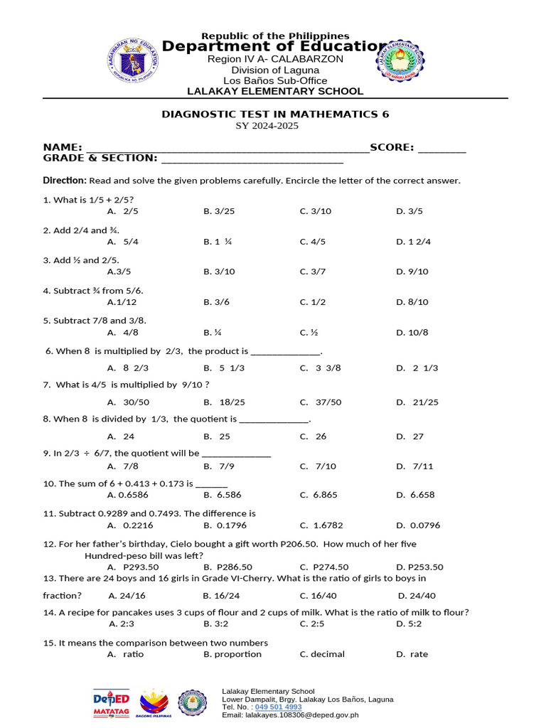 Diagnostic Test Mathematics 6 | PDF | Triangle | Ratio