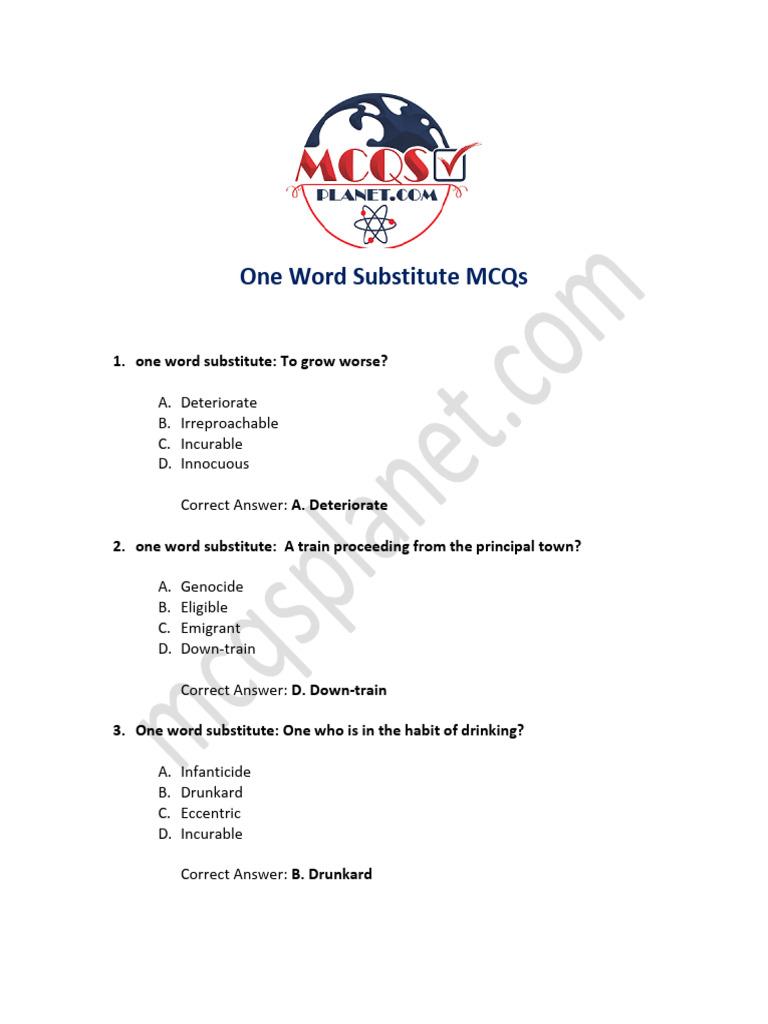 One Word Substitute MCQs | PDF