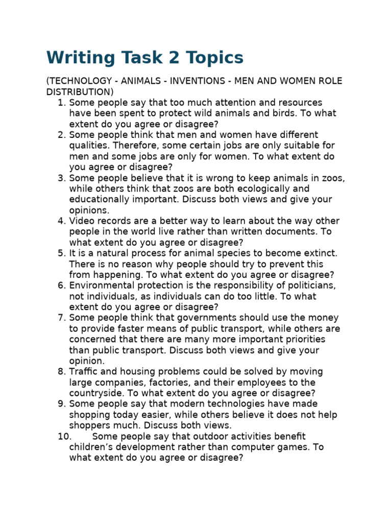 Writing Task 2 - Topics | PDF | Zoo