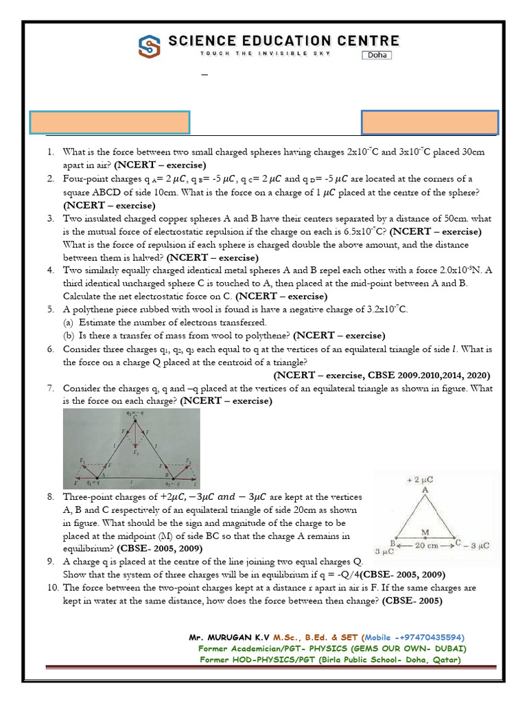 Work Sheet - Numerical Work Sheet Chapter 1 | PDF | Electric Field | Flux