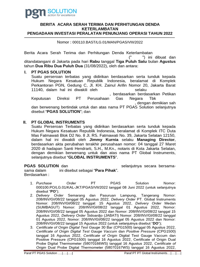 BAST Pengadaan Investasi Peralatan Penunjang Operasi Tahun 2022 | PDF