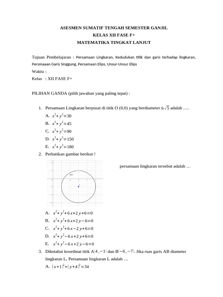 Soal Ulangan Lingkaran Dan Elips | PDF