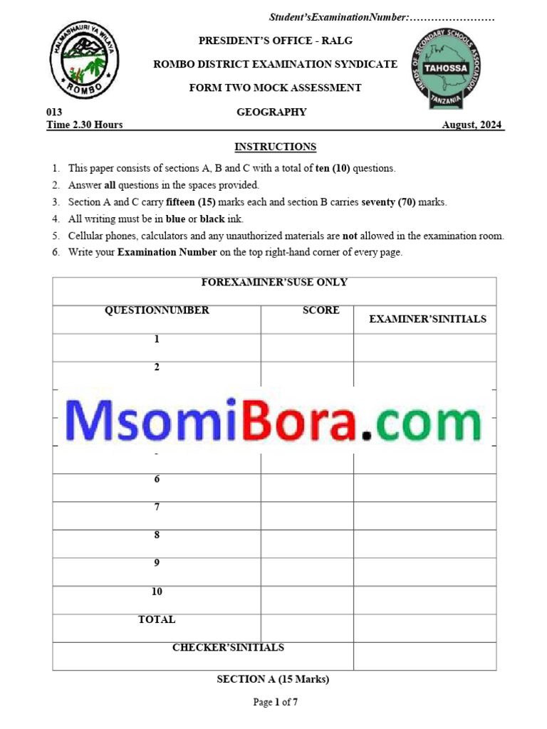 Form Two Geography Mock Exam 2024 | PDF | Precipitation ...