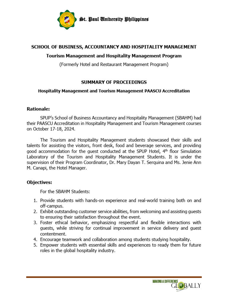 Tourism and Hospitality Management Paascu Accreditation | PDF | Tourism