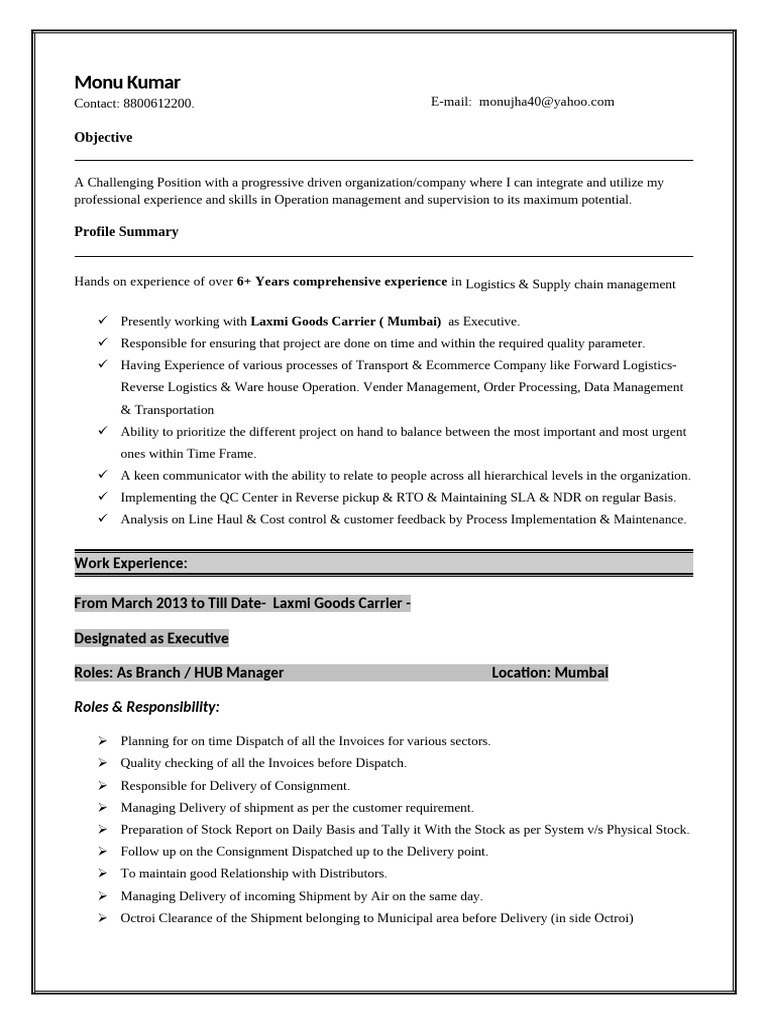 Resume of Monu Jha | PDF | Cargo | Logistics