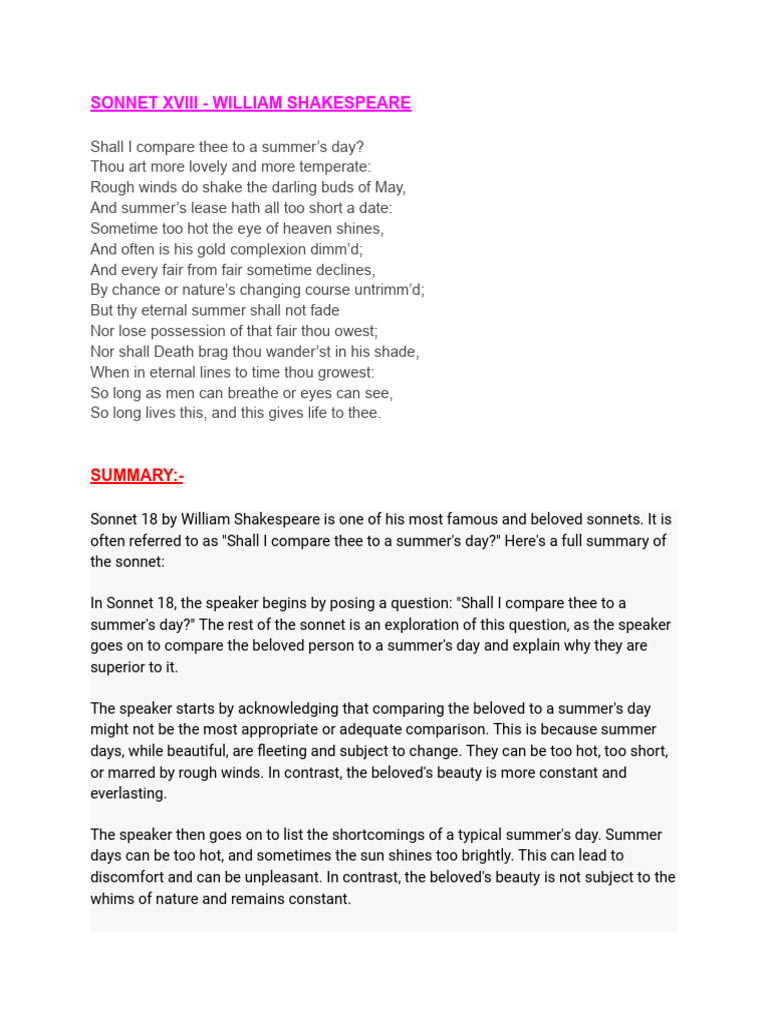 Analysis of Shakespeare's Sonnet 18 | PDF | Poetry | Sonnets