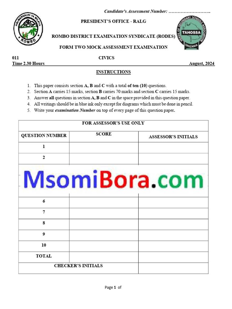 Civics Form Two Mock Exam 2024 | PDF | Government | Dictatorship